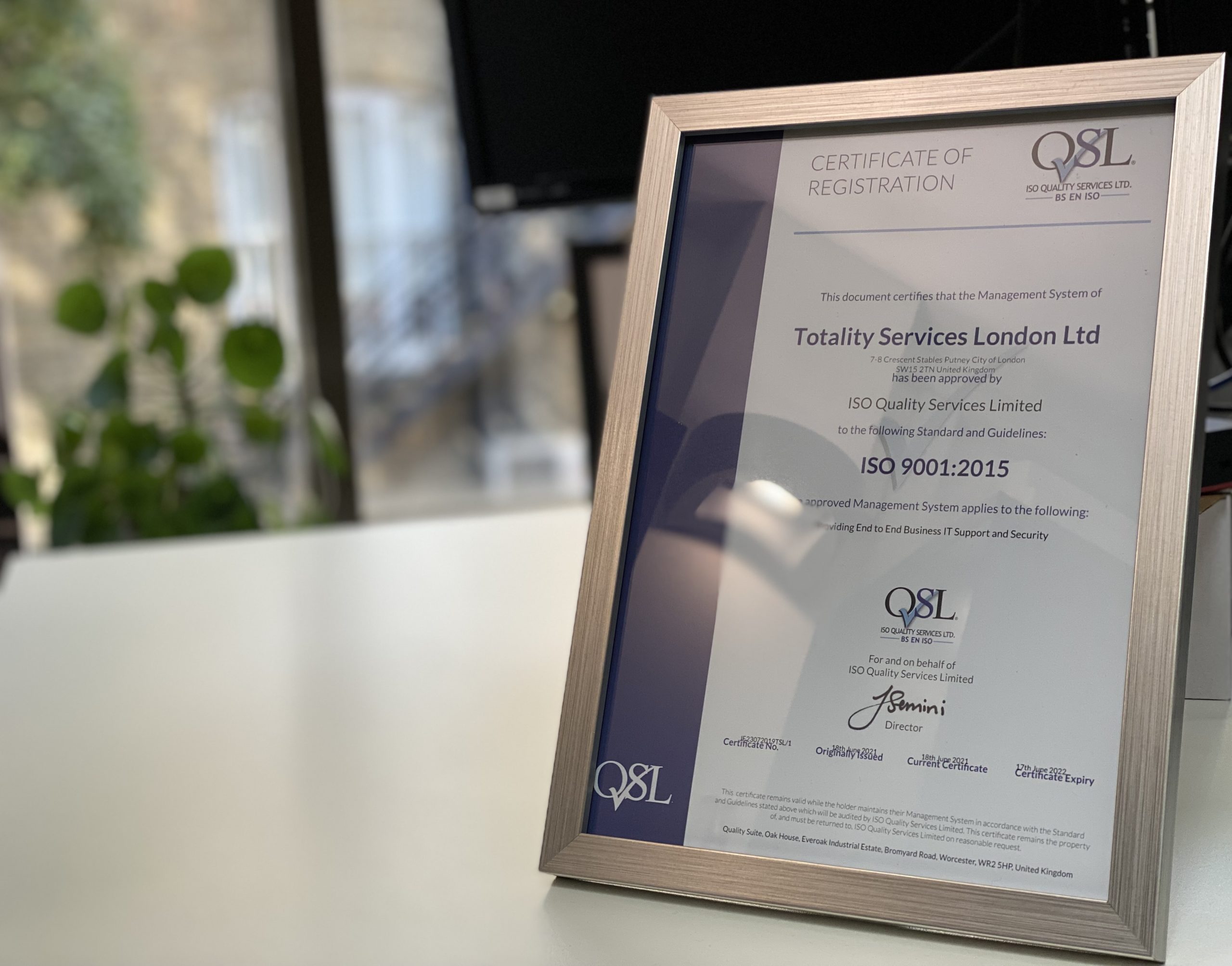 totality services Awarded ISO 9001 Quality Certification